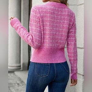 Sweaters | New Chic Plaid Tweed Knit Cardigan Sweater Hot Pink White ...